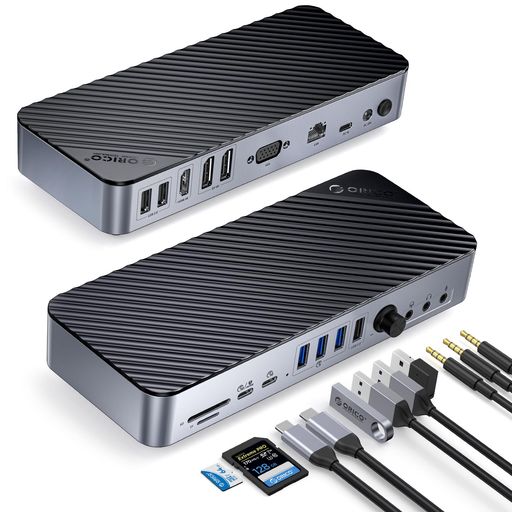20 IN 1 USB ドッキングステーション:HDMIx1/DPx2/VGAx1、USB-C 3.2 GEN2x2、USB-A 3.0x3/2.0x3、オーディオジャックx3、SD/TFカードスロット、90W DC入力、60W PD出力、...