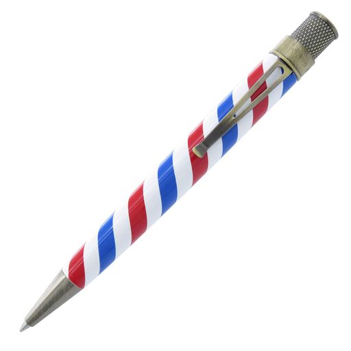 ステンレススチールバレルにプリントデザイン。 トップディスクにはさみとコーム。 アンティークブラスのトリム。 REF5P ローラーボール リフィル カスタムチューブパッケージ。