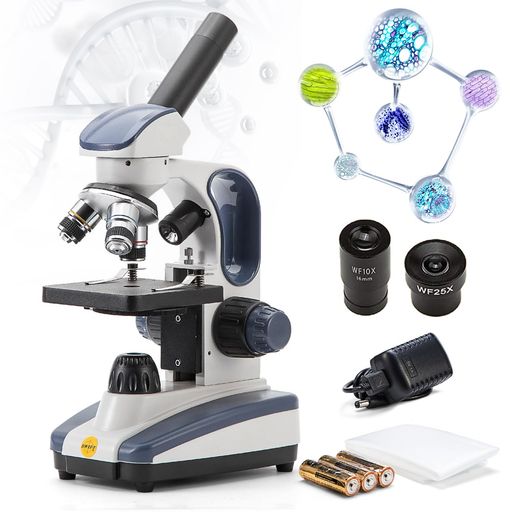 [高性能学習用顕微鏡]小学生、高校生、研究初心者向けの顕微鏡。科学の世界へようこそ!一軸式粗微動焦準ハンドルを搭載して操作はシンプルになる、ネイビーとブラックに色分けしてありますので、操作の間違いを防ぎやすくなります。 「360°回転式ヘッ...