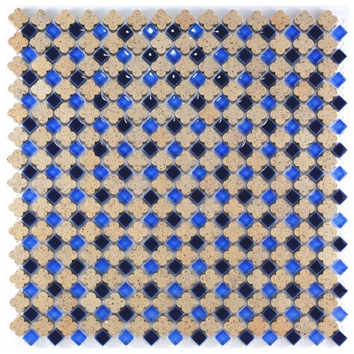 花形タイル+10角タイル+10角ガラスモザイクタイルシート シート:約285x285x4~5mm約600g 花形タイル:13x13x5mmせっ器質無釉(美濃焼) 10角タイル:10x10x4mm磁器質施釉(美濃焼) 10角ガラス:10x10...
