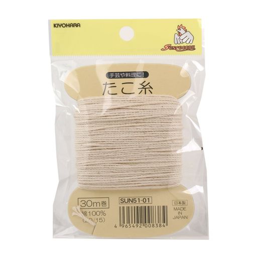 手芸や料理に使えるたこ糸です。 糸の太さ:5号(直径約1mm) 入数:30m巻 素材:綿100% 生産国:日本