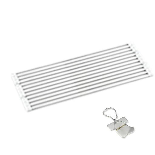 素材/本体:18-8ステンレス、樹脂部:シリコーンゴム 製品サイズ(重量)/使用時:約370〜590x235x10mm(460g) 収納時:約370x75x30mm