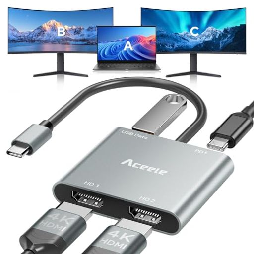 【USB Type-C HDMI 変換アダプター 4in1ー2025版】USB-CポートからHDMIx2、USB Ax1、PD 100W充電ポートx1へ拡張可能。プラグアンドプレイ設計で、ソフトウェアやドライバーは一切不要です。高解像度映像...