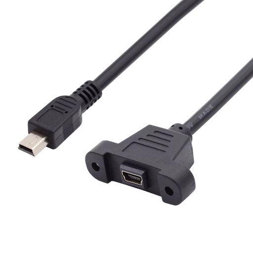 パネルマウントタイプ ミニ USB 5ピン オス-メス 延長アダプターケーブル ネジ付き 50cm パネルマウントタイプ。 ネジの間隔:28.00mm。 5本のワイヤーが内部についています。 長さ:0.5m。