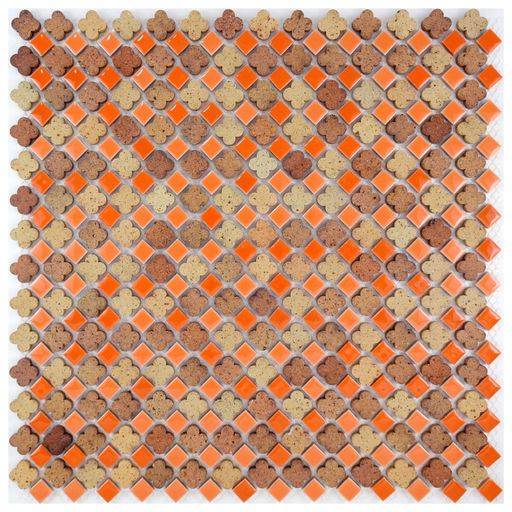 花形タイル+10角タイルモザイクタイルシート シート:約285x285x4~5mm約600g 花形タイル:13x13x5mmせっ器質無釉(美濃焼) 10角タイル:10x10x4mm磁器質施釉(美濃焼) おすすめの使用場所:内装壁◎ 焼き菓子...