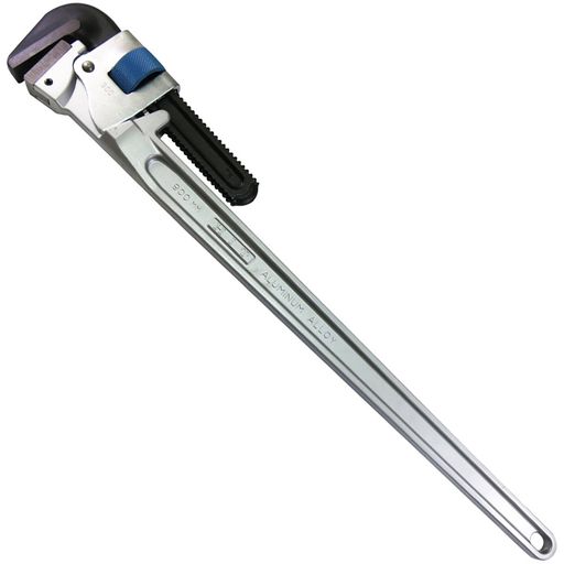 最大口開き:150mm 能力:~100A 塩ビ被覆鋼管、白管兼用 JIS強力級保証 上アゴは使いやすい薄型設計 本体は折れにくいアルミ鍛造品 ナット色:ブルー 素材:鉄アルミニウム