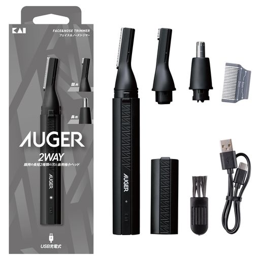 フェイスシェービング、ノーズトリマー グルーミングツールブランドAUGER(オーガー)の、電動フェイス&amp;ノーズトリマー。 【フェイス用とノーズ用の2Way仕様】 マユや顔のムダ毛を整えるフェイス用&amp;鼻毛の長さを整えるノーズ用...