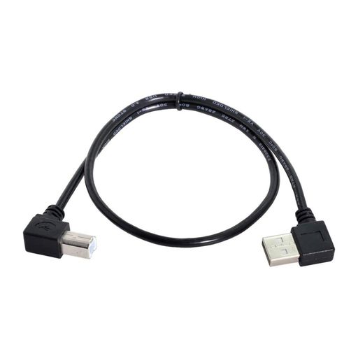 90度角度付きUSB2.0Aオス-Bオスケーブル 長さ:50cm USB2.0AタイプオスとBタイプオスは90度の角度付きタイプです 編組ケーブル付き 90度角度付きUSB2.0Aオス-Bオスケーブル