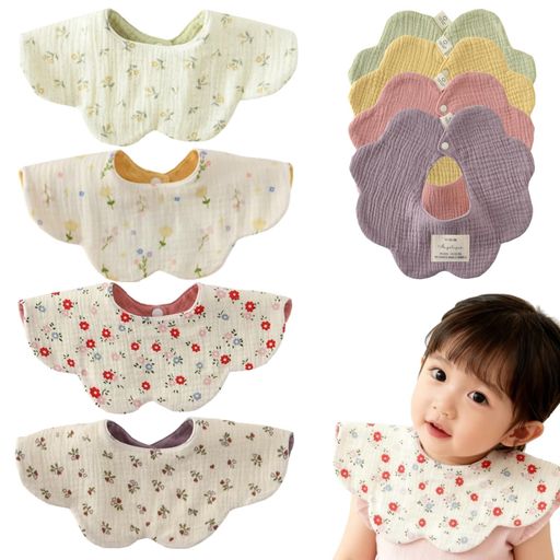 💗【赤ちゃんの肌を想った至高の素材】厳選した綿100%の6層ガーゼを使用。ふんわりと厚みがあり、吸水力が抜群ながら、通気性が良く蒸れにくい。デリケートなベビー肌を優しく守ります。 💗【360度スタイ】花びらの...