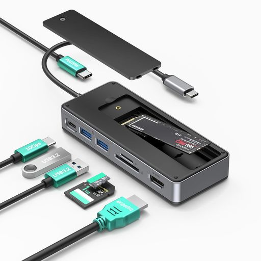 【8-in-1ドッキングステーション】このドッキングステーションにはM.2 SSDエンクロージャがあり、2✖USBA3.2ポート、Type-c(10Gbps)、HDMI(4K@60Hz)、SDとTFカードスロット、最大100WでPD充電をサ...