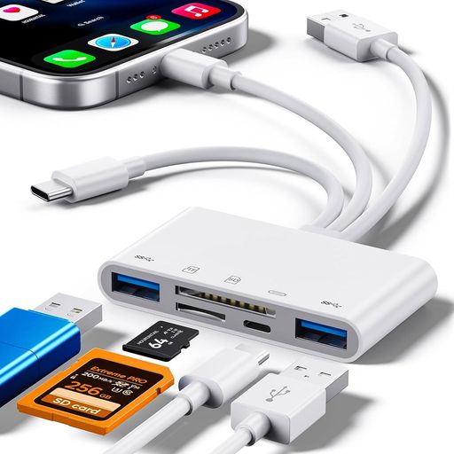 【iPhone SDカードリーダー 5in3】このLightning SDカードリーダーは、4種類の機能別ポート(SDカードポート、microSDカードポート、lightningポート、USB 3.0ポート)を装備。カメラからの写真転送、機...