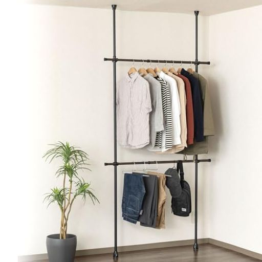 商品サイズ:幅75~120x奥行7.5x高さ200~280cm 材質:本体パイプ(スチール)、固定パーツ(ABS+TPE) 耐荷重:全体耐荷重24kg/伸縮式ハンガーポール12kg 製品重量:2.8kg 収納目安:夏服約48着収納可能