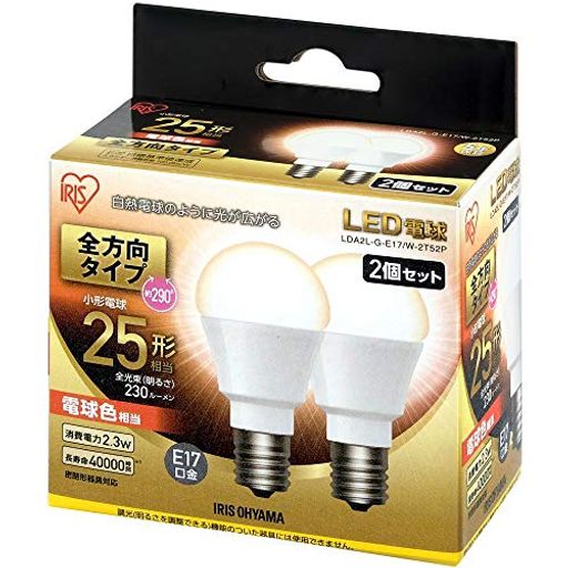 本体サイズ(cm):直径約3.8x高さ約7.5 電源:100V(50/60Hz共用) 定格消費電力:2.3W 口金サイズ:E17、光色:電球色相当、定格入力電流:0.041A、全光束:約230lm、配光角:約290°、定格寿命:約40000...
