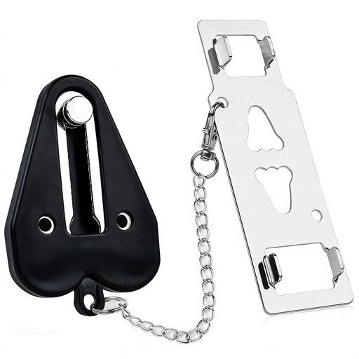 【商品仕様】プレート:13x4.2cm(厚み1mm)、チェーン:約15cm、ストッパー:8x5.5cm(厚み1cm)。2種類のドア穴(約23x20mm/30x20mm)に対応し、重量約100g、専用ポーチ付きで携帯に便利です。 【高耐久ロッ...