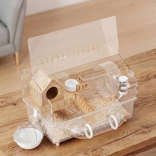 インドア 🐹【広々2段ケージでストレスフリー】透明プラスチック素材の立体設計で、ハムスターが自由に探索できる広々空間。高低差のある2段構造が運動量を増やし、複数飼育時もケンカ防止に効果的。小動物の自然な行動を妨げない理想的な...