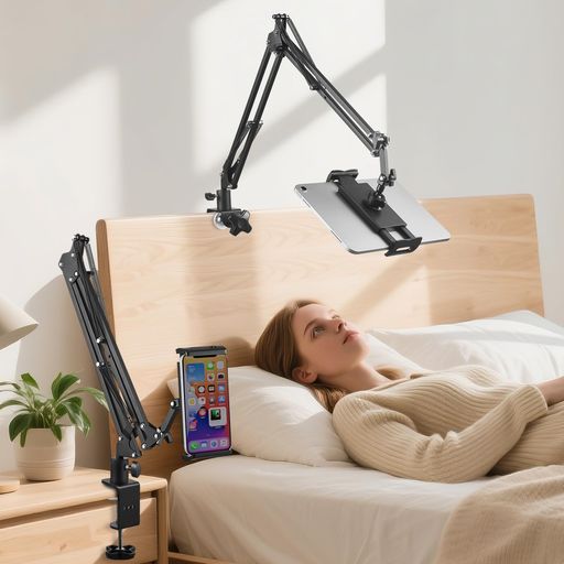 【水平・垂直両面取付対応】ベッドのヘッドボードや机の上など、どちらの設置方向でもストレスなく使えるタブレットアーム・スマホスタンドです。画面位置を簡単に調整できるため、タブレットを手に持つ必要がなく、疲労を軽減します。さらに、両手を空けたま...