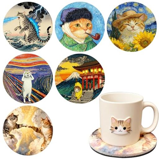 【おしゃれコースター】有名な絵画の猫/ピクセルスタイルコースター3層構造素材:表面:PUUレザー ;中材:ポリエステル繊維層(吸水層);裏材:ゴム。直径:(約)10cm。断熱パッドが高温によって変形するのを防ぐだけではなく、キッチンの雰囲気...