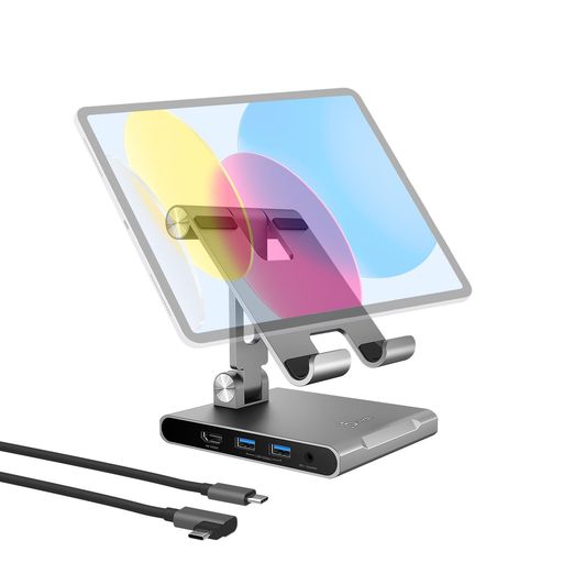 【7-in-1iPadハブスタンド】このiPadハブスタンドにはHDMIポート(最大4K@60Hz)、USB3.2Gen15GbpsType-Ax2USB-CPD100W電源入力x1UHS-ISD/microSDスロット、3.5mmコンボジ...