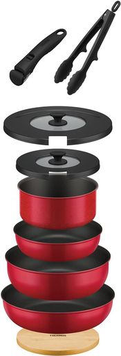 サーモスの取っ手のとれるフライパン・鍋セットIH対応モデル セット内容:フライパン20cm、フライパン26cm、鍋18cm、炒め鍋24cm、フライパン専用フタ20/24cm用、鍋専用フタ18cm用、専用取っ手、ナイロントング、木製プレート ...