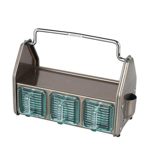 文房具 サイズ:[本体]幅280x奥行150x高さ205mm[トップトレイ]幅260x奥行90mm[ガラスケース]150mlx3 素材:スチール、ソーダガラス