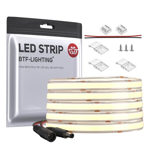 「超明るい」 DC24V 480LEDS/M 5M 8MM 昼白色 4000K。フレキシブルチップを搭載したボードのFCOB LEDテープライト。従来の5050 SMD 3528 SMDに比べ、FCOBテープライトの緻密な発光ユニットは、中...