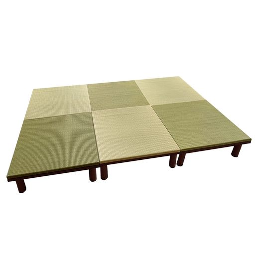 サイズ:幅120cmx奥行180cmx高さ20cm 本体:ブラウン畳:グリーン3/ナチュラル3 高さ15cmタイプ・20cmタイプ2種類あり 材質:MDFプリント化粧板、パーチクルボード、テープ、木製脚国産い草畳:い草(福岡県い草) 生産国...