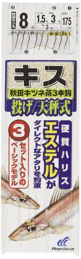 袋入り数:3本鈎3セット 鈎種・色:秋田キツネ茶 鈎:9 ハリス:1.5 幹糸:3