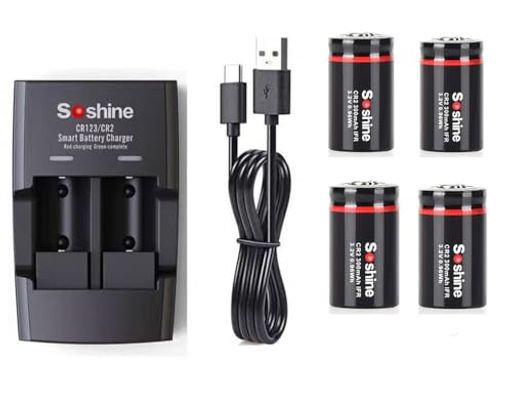 CR2対応の 充電池4本+充電器のセットです 2スロットなので、2個同時充電も可能です。対応電池規格CR2/CR123A/CR123(3.0V/3.2V) 注:3.6V/3.7Vの対応できません。 充電状態が一目で分る、充電ライト付き。充電...