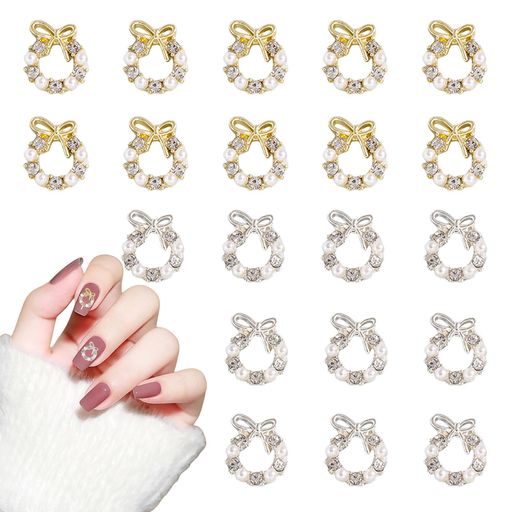 【パッケージ】クリスマスネイルパーツ20個セット。ゴールド花輪10個+シルバー花輪10個。 【高品質】ネイルパーツは高品質の合金、ラインストーン、イミテーションパールで作られており、耐久性があり、錆びたり色褪せたりしにくいです。軽量なので長...