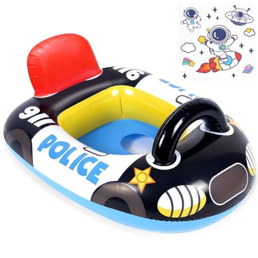 【座面付き浮き輪】パトカーデザインの可愛らしい浮き輪は、デザインがユニークでお子様に大人気。底部に座面が付いているので、足を入れて座るだけで安定感があり沈みにくく、お子様に安心感を与えます。 【適用サイズ】内径 25cm で、目安体重 10...