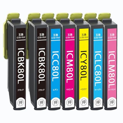 【パッケージ内容】IC80L-BK(ブラック)*2 /IC80L-C( シアン)*1 /IC80L-M(マゼンタ)*1 /IC80L-Y(イエロー)*1/IC80L-LC(ライトシアン)*1/IC80L-LM(ライトマゼンタ),合計7本セッ...