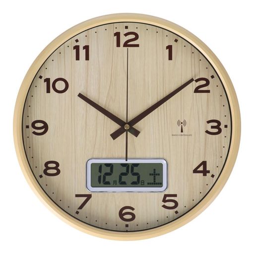 木目調の日付ディスプレイ付き電波時計です 電波時計日付表示付単3電池x2本使用※電池別売ステップ秒針【仕様】材質/本体:耐衝撃性ポリスチレン、スクリーン:ガラス、文字盤:塩化ビニル樹脂、針:アルミニウムサイズ(約)/径320x厚み48(mm...