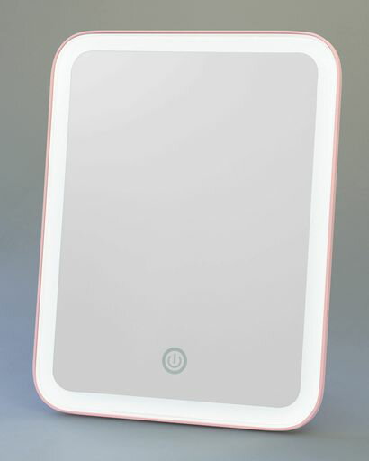 メイク 明るく照らすLEDライト付ミラー 光の強さは無段階調光 電源は乾電池またはUSB接続 縦置きでも横置きでも使用可能 約30分で自動消灯