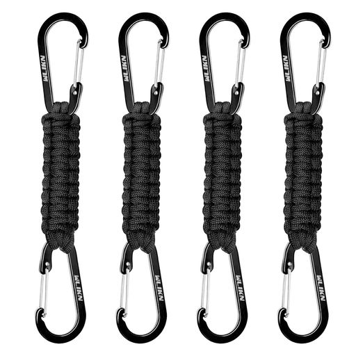 【製品仕様】4個セットが含まれ、単品セットにはアルミニウム合金製のカラビナ2個とナイロンパラコード1個が付属。全長(金具含む)は19cm、重量は約20.5g(単個)。カラビナのサイズは6cmx3cmで、安全耐荷重は約50kgです。 【耐久性...