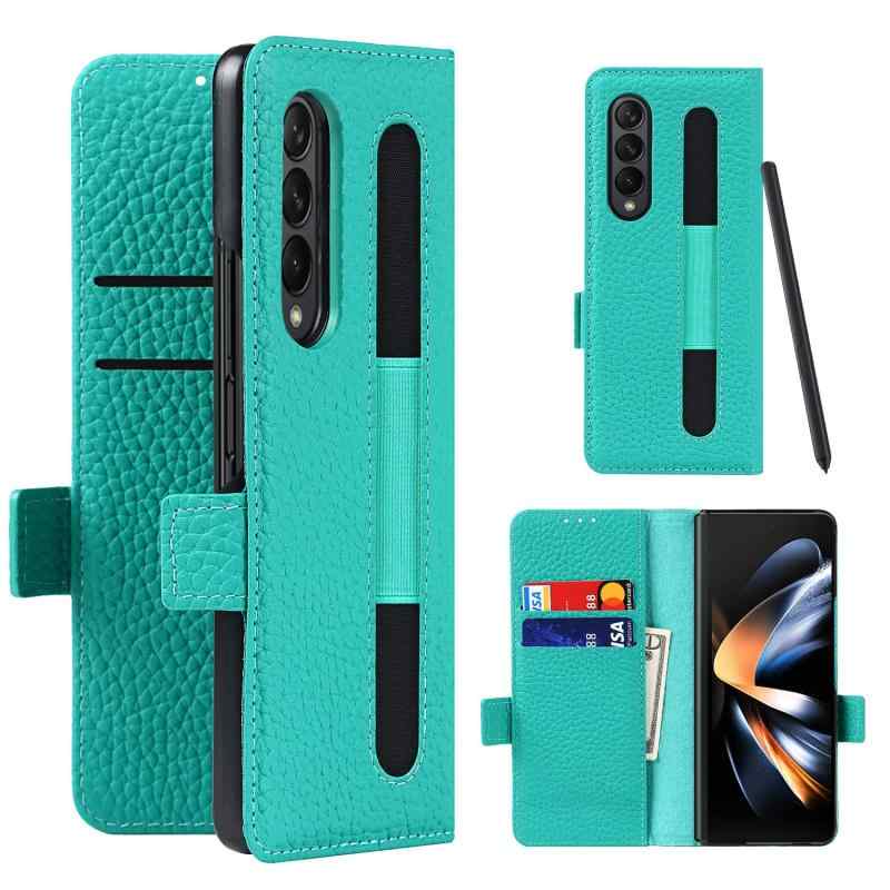 Eastwave for サムスン ギャラクシー Z フォールド4ケース 本革 牛革 for Samsung Galaxy Z Fold4 SCG16 SC-55C 手帳型 財布型 カバー 本革 柔らかい 本皮 スプラットホール - グリー...