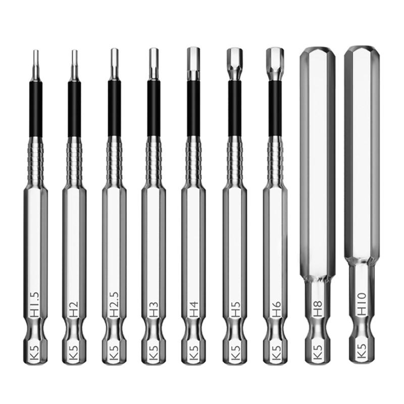 KIMLONTON 六角レンチビット H1.5-H10 9本組 6.35mm六角軸 K5合金鋼製 全長100mm 磁気ビットセット内容: H1.5からH10までの9サイズの六角レンチビットセット高品質素材: この磁気六角レンチビットはK5合...
