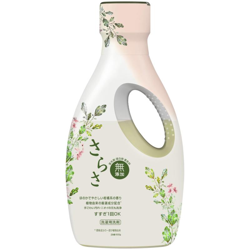 さらさ 洗濯洗剤 液体 ほのかでやさしい柑橘系の香り 本体 600gさらさ史上最高の洗浄力、天然洗浄成分UP植物由来の厳選成分配合手ごわい汚れ・ニオイの元も洗浄すすぎ1回OK蛍光剤、漂白剤、着色料 無添加洗濯洗剤