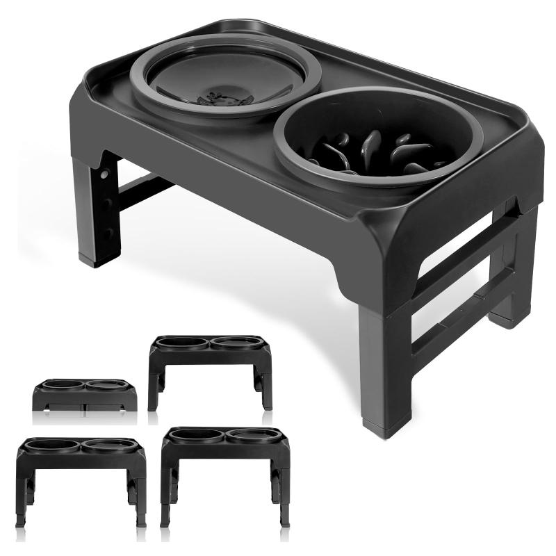 SCHITEC ペットボウル フードボウル 食器台 スタンド 【ブラック・4段階調節・中大型犬・大型猫用・ボウルと給水器付き】高度調節可能 早食い防止 低速給水 給餌 ボウル 水やり 滑り止め【4段階で高さ調整可能・成長段階のペットに対応・...