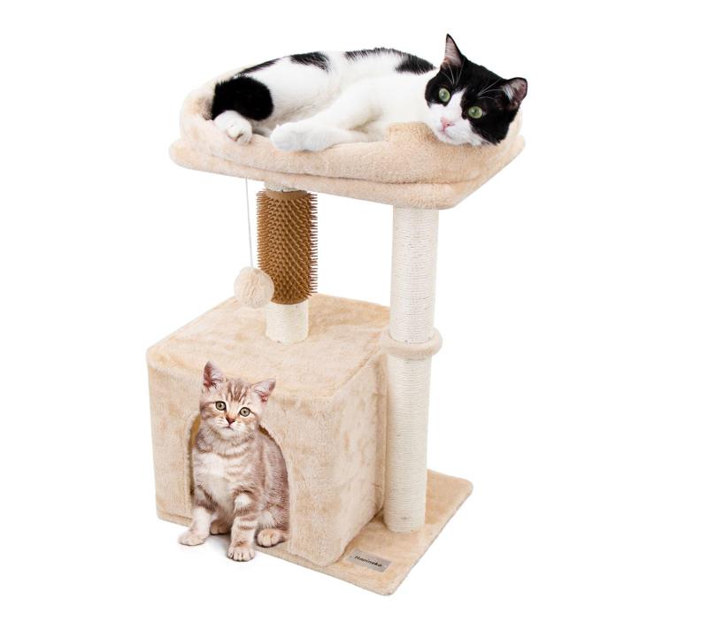 Hapineko（ハピネコ） キャットタワー ミニ 猫タワー 小型 低い 小さめ コンパクト セルフグルーマー 爪とぎ ポール2点 見おろし展望台 隠し部屋付き 高さ68CM (M,ベージュ)🐱【多機能キャットタワー】猫の日...
