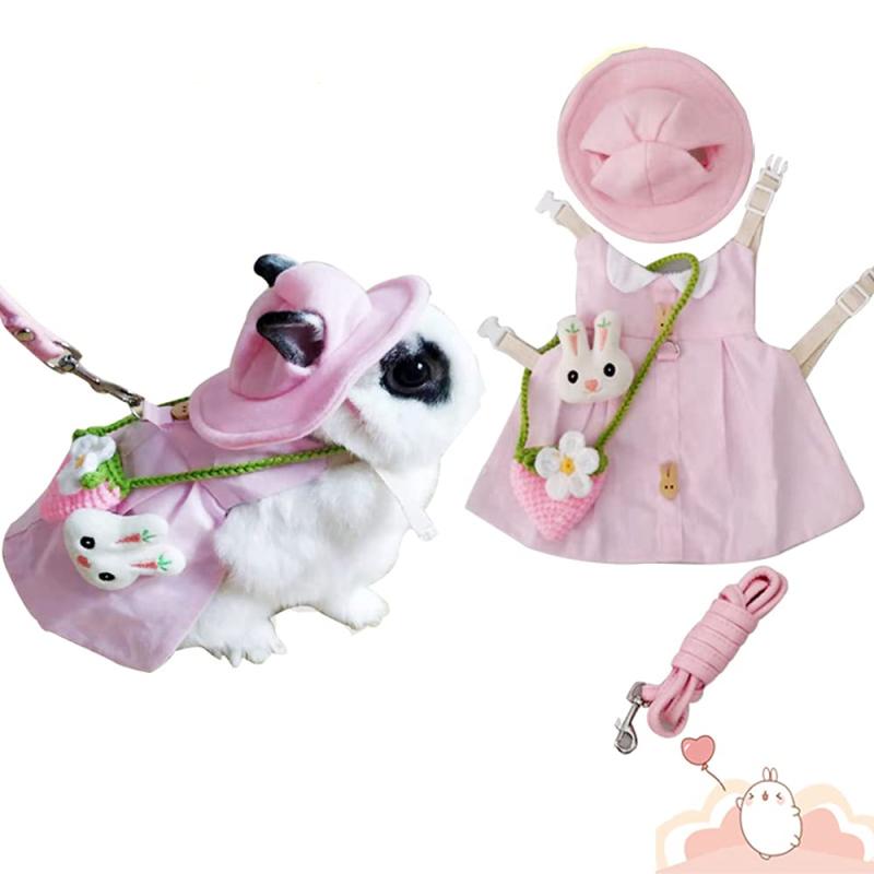 MUYYIKA ウサギ 小動物 ハーネス リード セット うさぎ服 かわいい ソフト 柔らかい モルモット 子犬 子猫用 調整可能 記念撮影 お出かけ用品 散歩用リード【かわいいうさぎ服】：パッケージには、1個のペットのスリングドレス、1個...