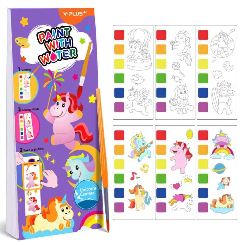 YPLUS ミニ水塗り絵 子供向け 3歳以上のぬりえ 水ぬりえ キッズ 画材セット 筆付き 子ども プレゼント - ユニコーンキュートな4つのテーマ：プリンセス・ドレスアップ、動物、ユニコーン、かわいいモンスターのユニークな水塗り絵4種入り...