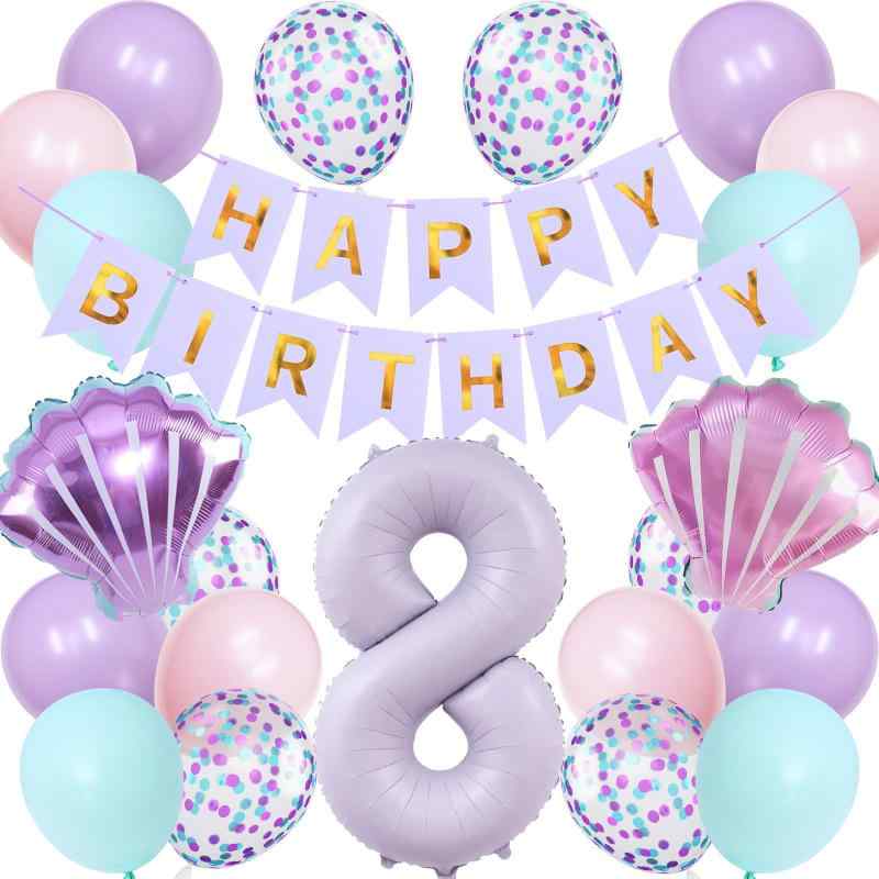 Lausatek バルーン 誕生日 8歳 風船セット HAPPY BIRTHDAY バースデー ガーランド バースデー 飾り付け 数字8 シェル 装飾 お祝い イベント 子ども 男の子 女の子 パープルマーメイドの誕生日バルーンキット：お子...
