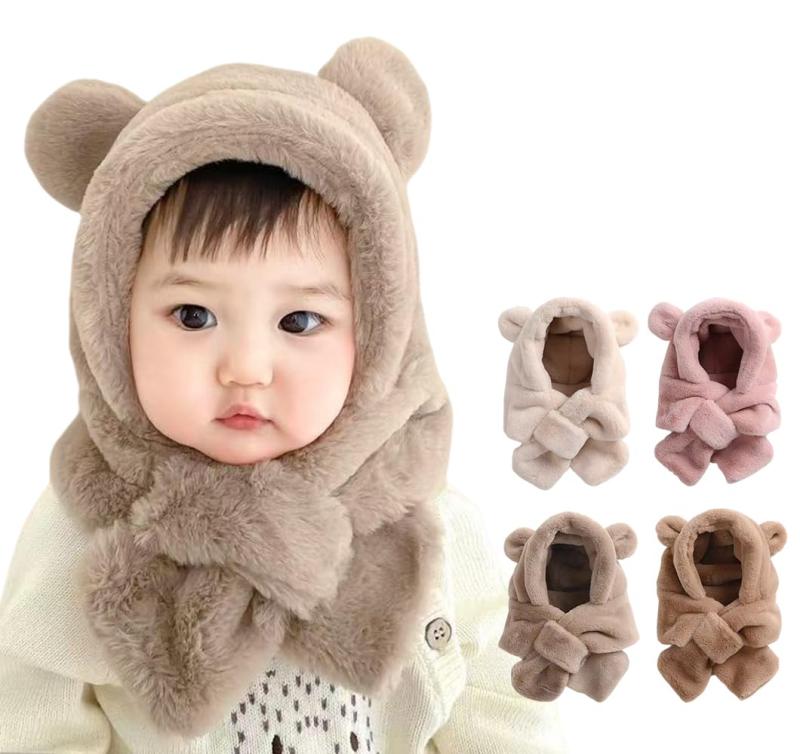 [Masonanic] 出産祝い ベビー 赤ちゃん 防寒 一体型帽子 マフラー 男の子 女の子 くま耳 もこもこ マフラー帽子 フェイクファー あったか【防寒対策】帽子とマフラーが一体型に寒い季節にぴったりの防寒グッズ【キュートすぎる】ちょ...