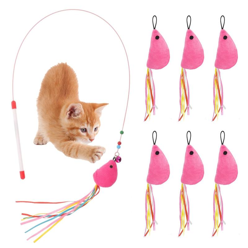猫おもちゃ 弾性 釣り竿 羽根 ねこ玩具 ネズミ玩具 6個交換用 鈴付き猫用玩具 猫用品 ペット用品（7点セット）【钢丝钓竿设计】この猫のおもちゃの棒は、良好な弾力性を持っています。 軽量、柔軟、耐久性があり、保管が容易です。【素材】棒鈴付...