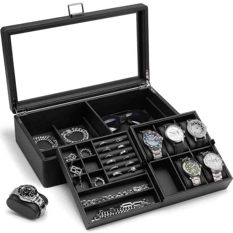 Vlando 時計ケース 6本 PU製 メンズ 収納ボックス アクセサリーケース アクセサリー収納 ジュエリー 2段 誕生日プレゼント透明ガラスの蓋 - この時計保管ボックスの透明の調整ガラスの蓋は、時計を一瞬で見つけ出し、見つけることがで...