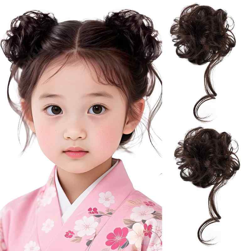 [OTAKUMARKET] お団子 ウィッグ 2個セットカール付き シュシュタイプ 七五三 浴衣 和装 入園 卒園式 対応 まとめ髪用 増毛 和装小物 4色七五三や特別な日にぴったり：お団子ウィッグ2個セット。1つでも華やかですが、2個を重...