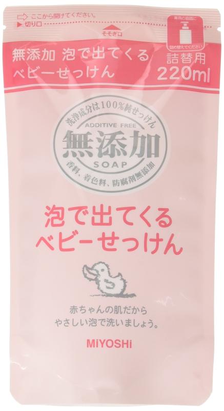 ミヨシ 無添加 泡で出てくるベビーせっけん 詰替用220ml×6個セット赤ちゃんの肌だからやさしい泡で洗いましょう洗浄成分は100％純せっけん香料・着色料・防腐剤は配合していません・片手がふさがる沐浴の時もバスルームでも泡がうれしい。