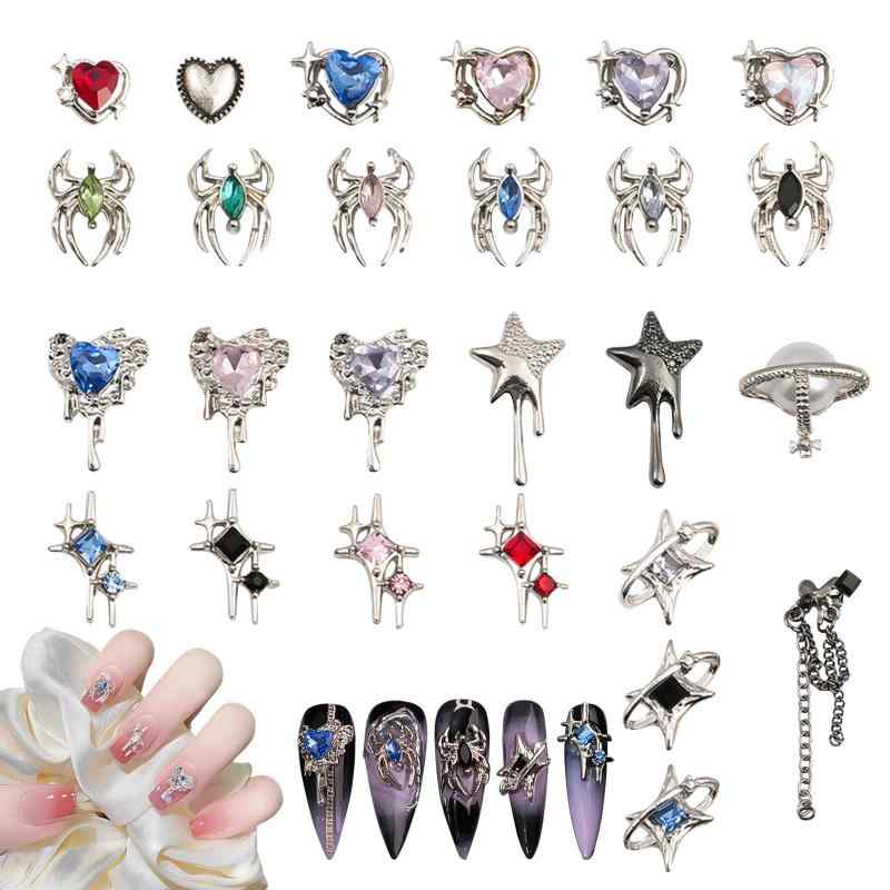 ハロウイン ネイルパーツ パンク 26個セット ハート 星 蜘蛛 くも クロス 十字架 地雷系 ネイルストーン 3D 立体 キラキラ 大きめ シルバー メタル ハロウイン ジュエリーパーツ 合金 DIY 手芸 【ネイルパーツ】ネイルパーツの...