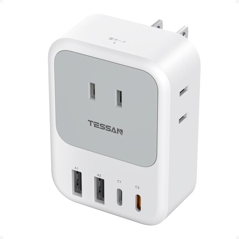 USB コンセントタップ 電源タップ usb-c付き PD 20W対応 TESSAN たこあしコンセント 3個AC口 2個Type-Aと2個Type-Cポート マルチタップ 3口 小型軽量 タコ足配線 雷ガード 日本国内でのみ可能「1台7役...
