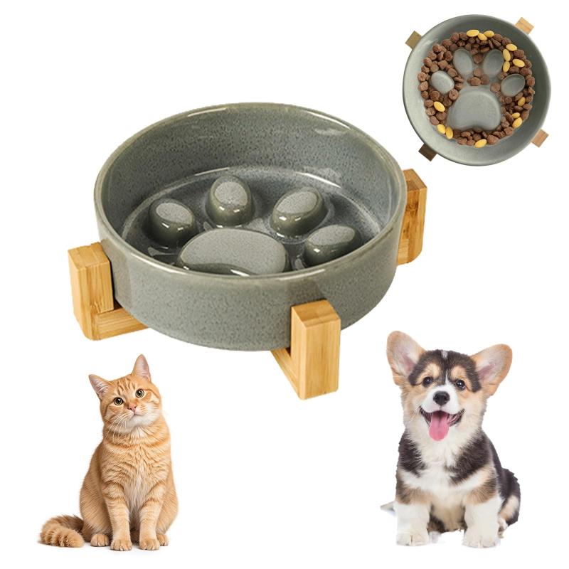 Niboow 陶器製 早食い防止皿 ダブルボウル セット 早食い防止食器 ご飯皿・水飲み兼用 フードボウル 小型犬 中型犬 猫 対応 皿 ごはん皿 早食い 飲み込み 防止吐き戻し 肥満 スタンド付き 滑